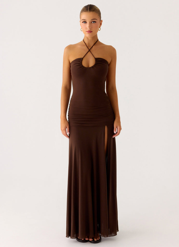 Callie Ruched Maxi Dress - Chocolate – Peppermayo UK