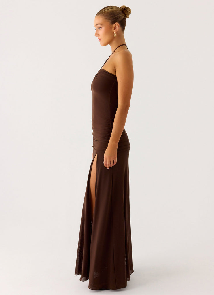 Callie Ruched Maxi Dress - Chocolate – Peppermayo UK