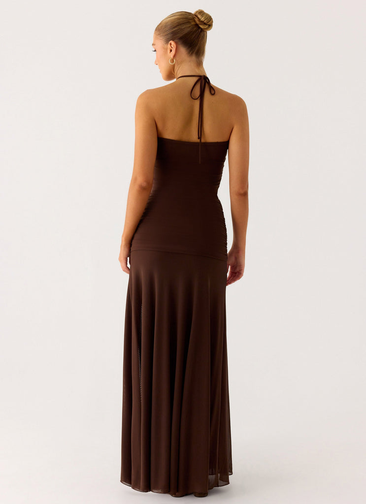 Callie Ruched Maxi Dress - Chocolate – Peppermayo UK