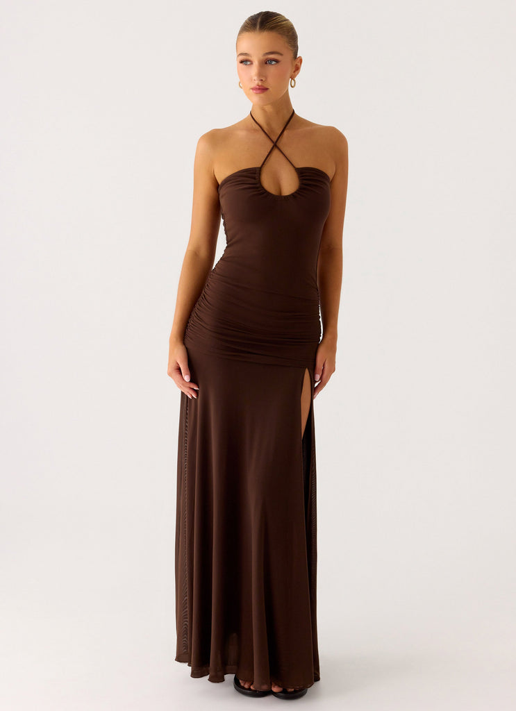 Callie Ruched Maxi Dress - Chocolate – Peppermayo UK