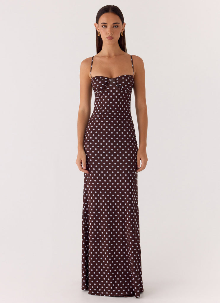 Vamonos Maxi Dress - Chocolate Blue Dot – Peppermayo UK