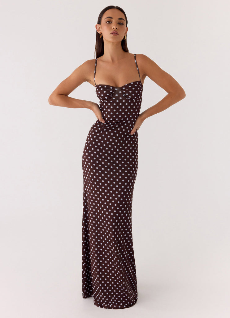 Vamonos Maxi Dress - Chocolate Blue Dot – Peppermayo UK