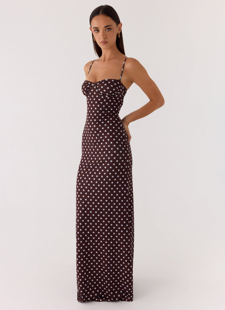 Vamonos Maxi Dress - Chocolate Blue Dot – Peppermayo UK